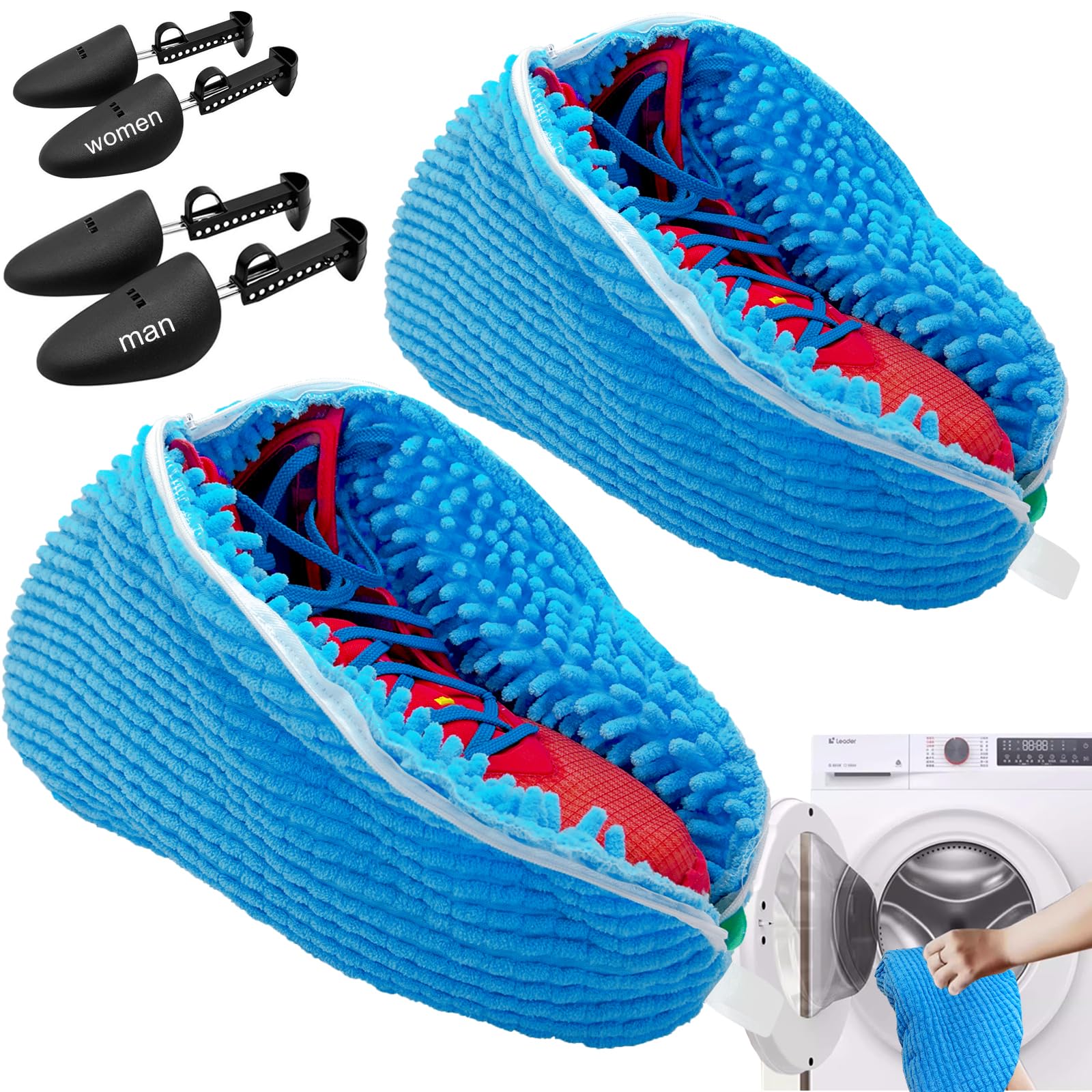 Shoes Washing Bag for Washing Machine, Reusable Laundry Shoe Bag For Washer And Dryer with 2 Pairs Adjustable Shoe Trees, Shoe Cleaning Washing Bag for All Shoe Types And Sizes (2 Pcs Bule)