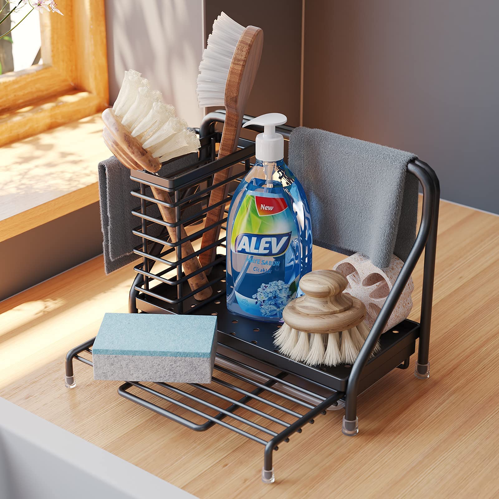 Livod Sink Caddy,Kitchen Sink Caddy Sponge Holder with Drain Tray, Stainless Steel Rustproof Dish Brush Caddy Kitchen Sink Organizer for Countertop,(Black)