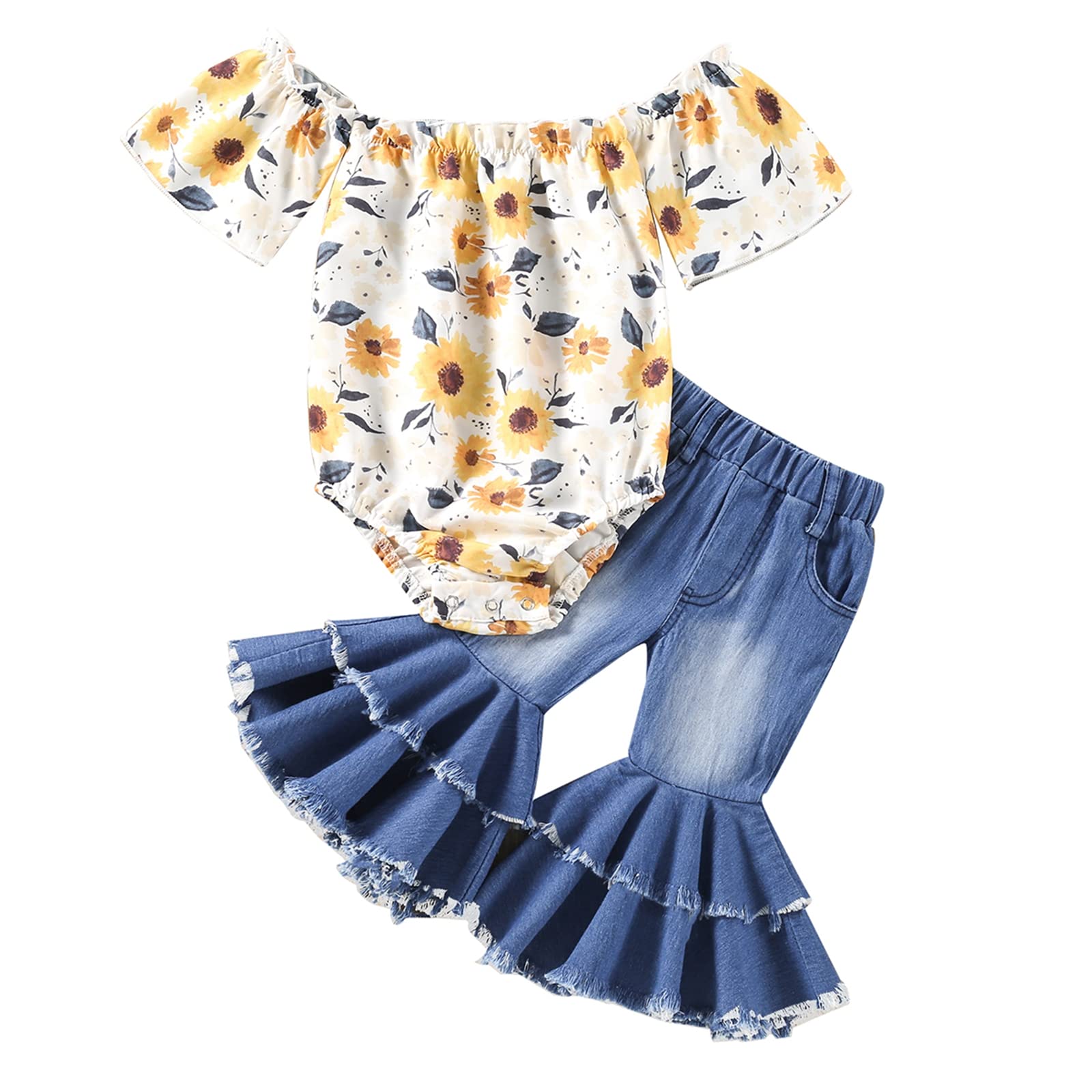 Omkzanbi Toddler Girl Bell Bottoms Outfit Sunflower Off Shoulder Bodysuit Romper Denim Flared Pants Summer Jean Outfit (White Blue, 12-18 Months)