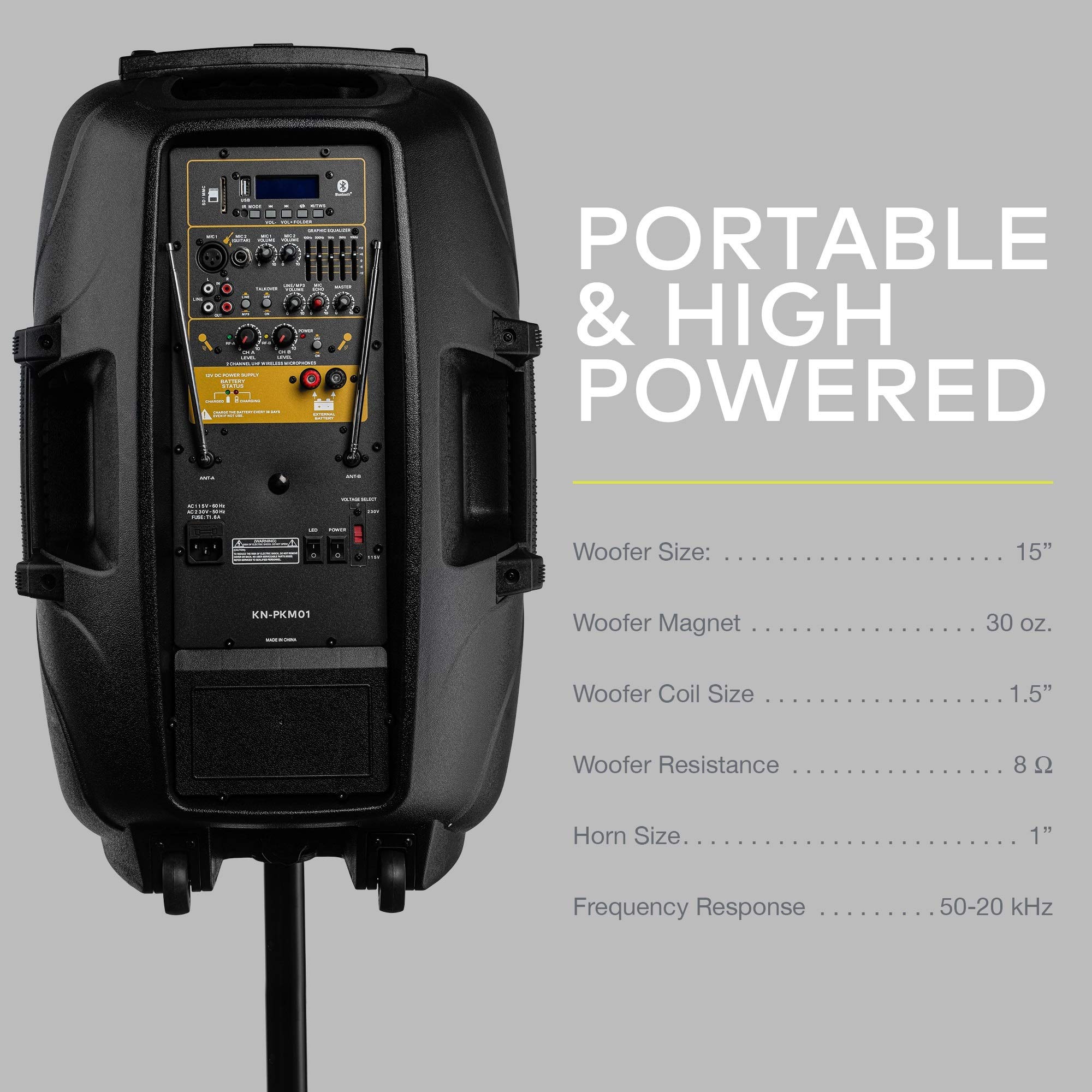 Knox Gear Portable Rechargeable Bluetooth Speaker Karaoke Machine System with 2 Wireless Microphones, Indoor Outdoor Party Size Active Amplifier with Stand and Phone Mount