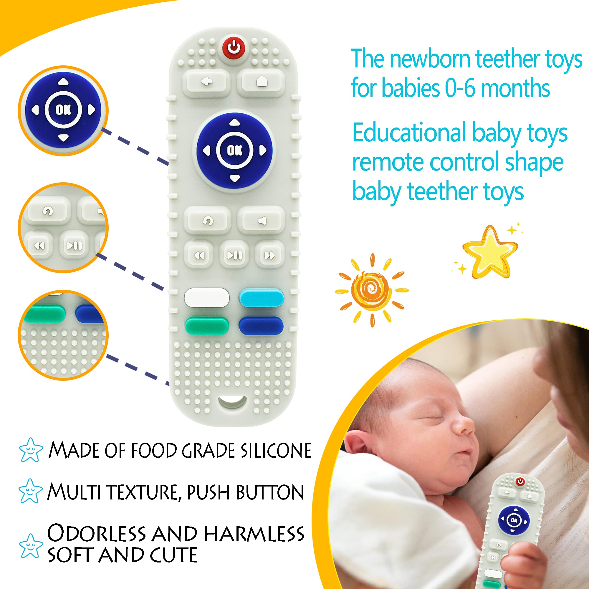 Remote Control Teether Toy for Babies 6 to 12 Months,Baby Teething Toys Tv Remote Shape with Pacifier Clip(White)