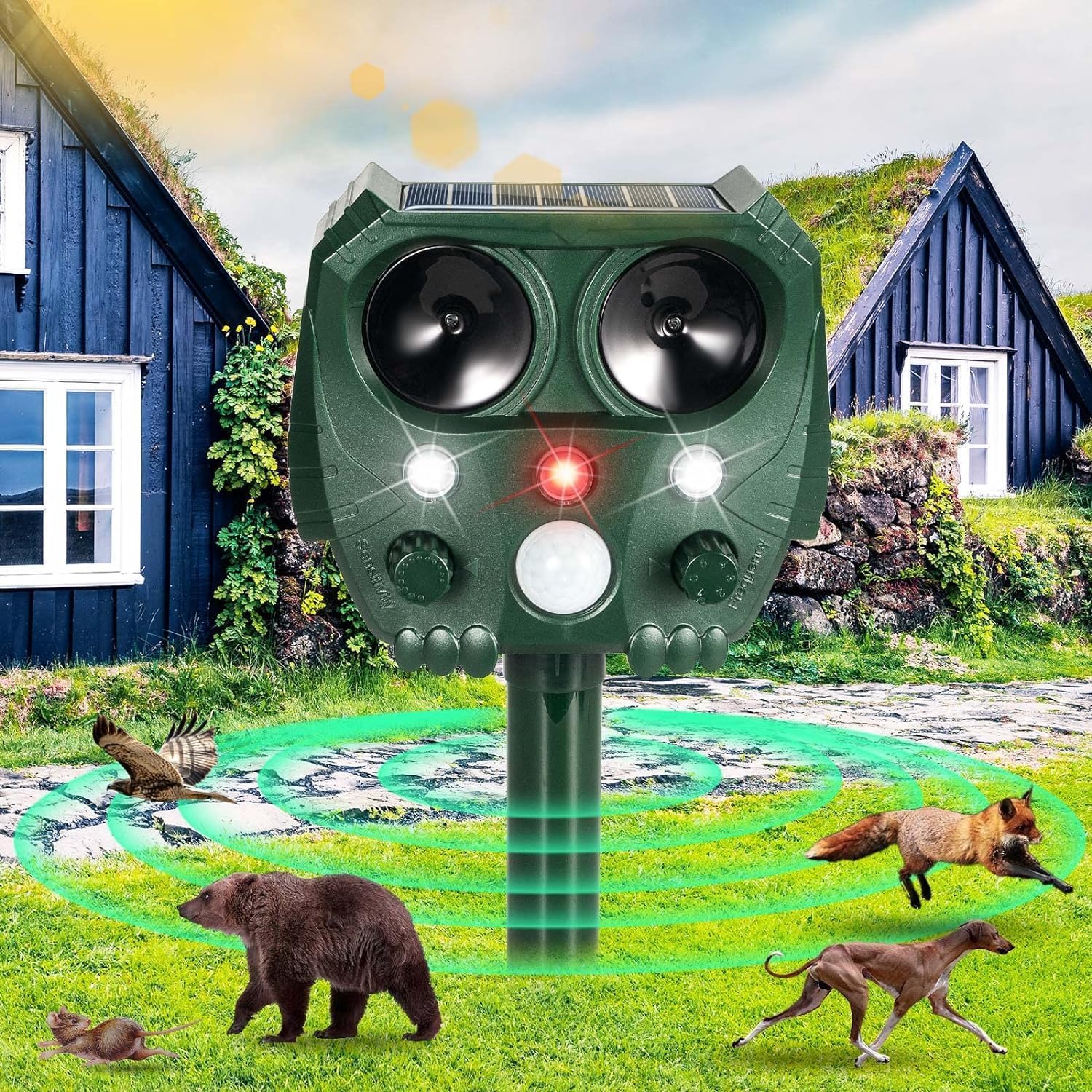 Ultrasonic Animal Repellent Deer Repellent Cat Repellent Outdoor with 5 Frequency Mode & Motion Sensor & Strobe Light Solar Animal Repeller Deterrent Rabbit Repellent Repel Dog Skunk Raccoon (1)