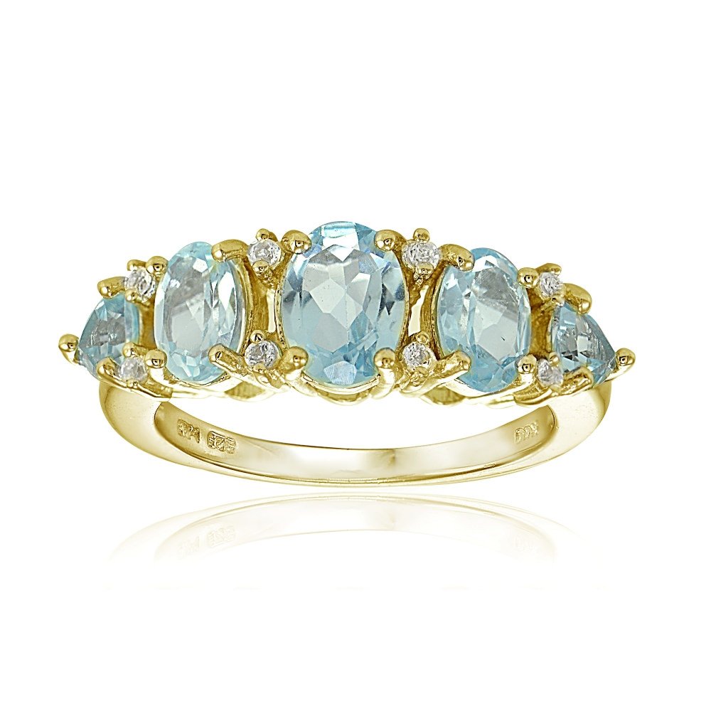 Ice Gems Yellow Gold Flashed Sterling Silver Blue and White Topaz 5-Stone Half Eternity Band Ring, Size 6