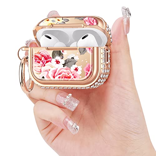 V-MORO for Airpods Pro 2nd Generation Case, Glitter Full Protective Apple Airpod pro 2 Case Cover with Kaychain for Women, Flower Diamond iPod Pro 2022 Wireless Charging Case Girls-Pink Rose
