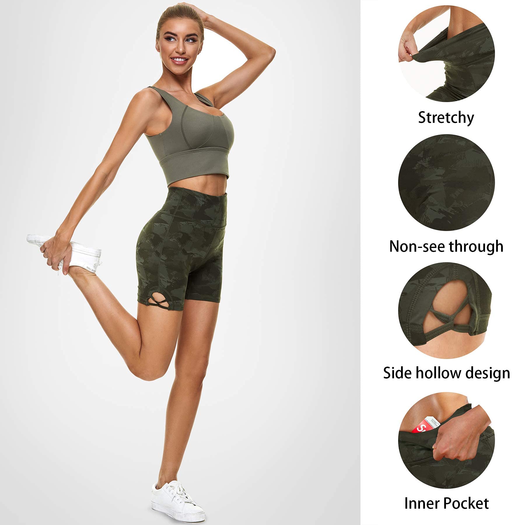 LEINIDINA Women's High Waist Yoga Shorts Tummy Control with Pocket Biker Workout Athletic Shorts Tights (Pattern Dark Green, 3X-Large)