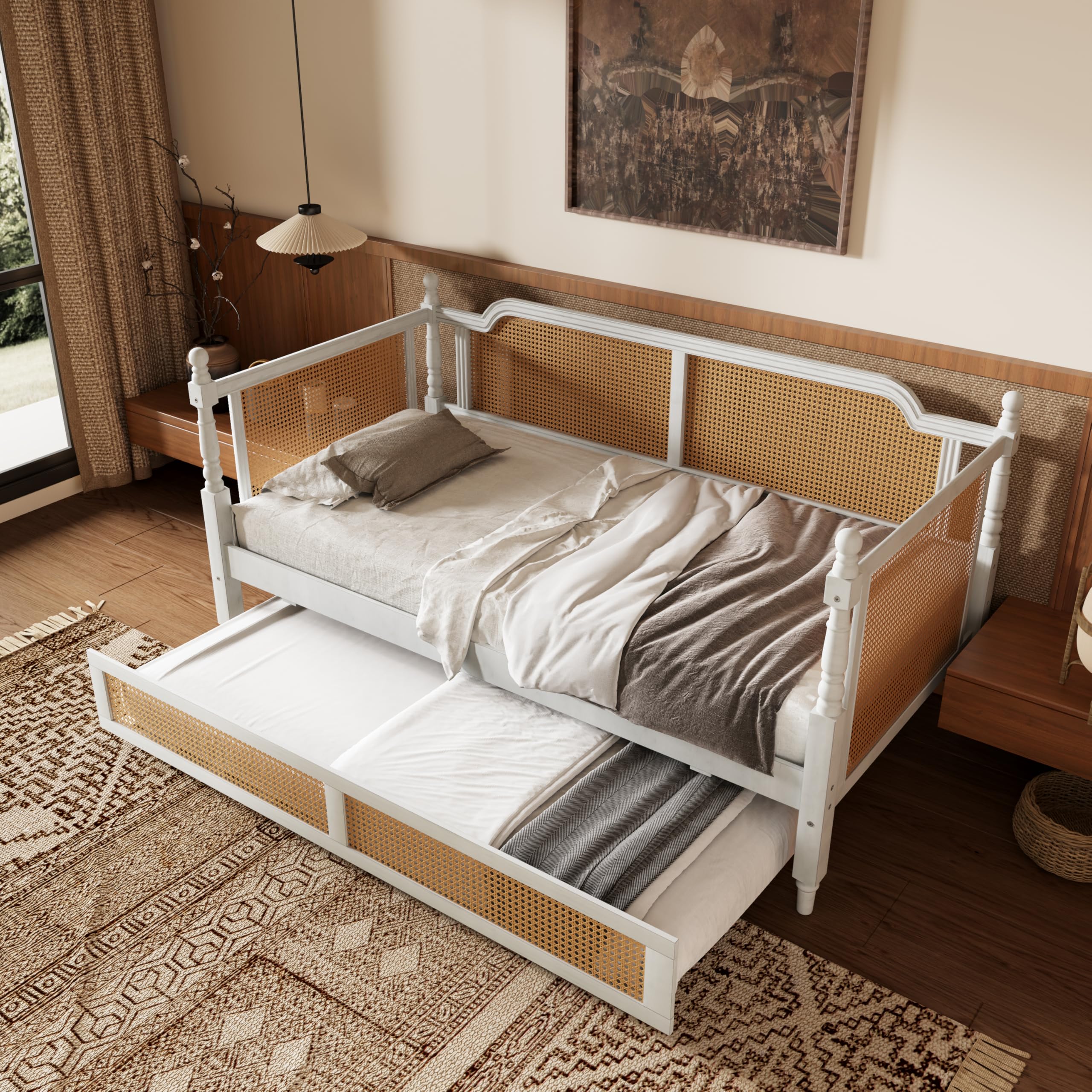 Traditional Style Rattan Full Size Daybed, Wood Daybed with Trundle for Small Space Guestroom, No Box Spring Needed, Antique Walnut