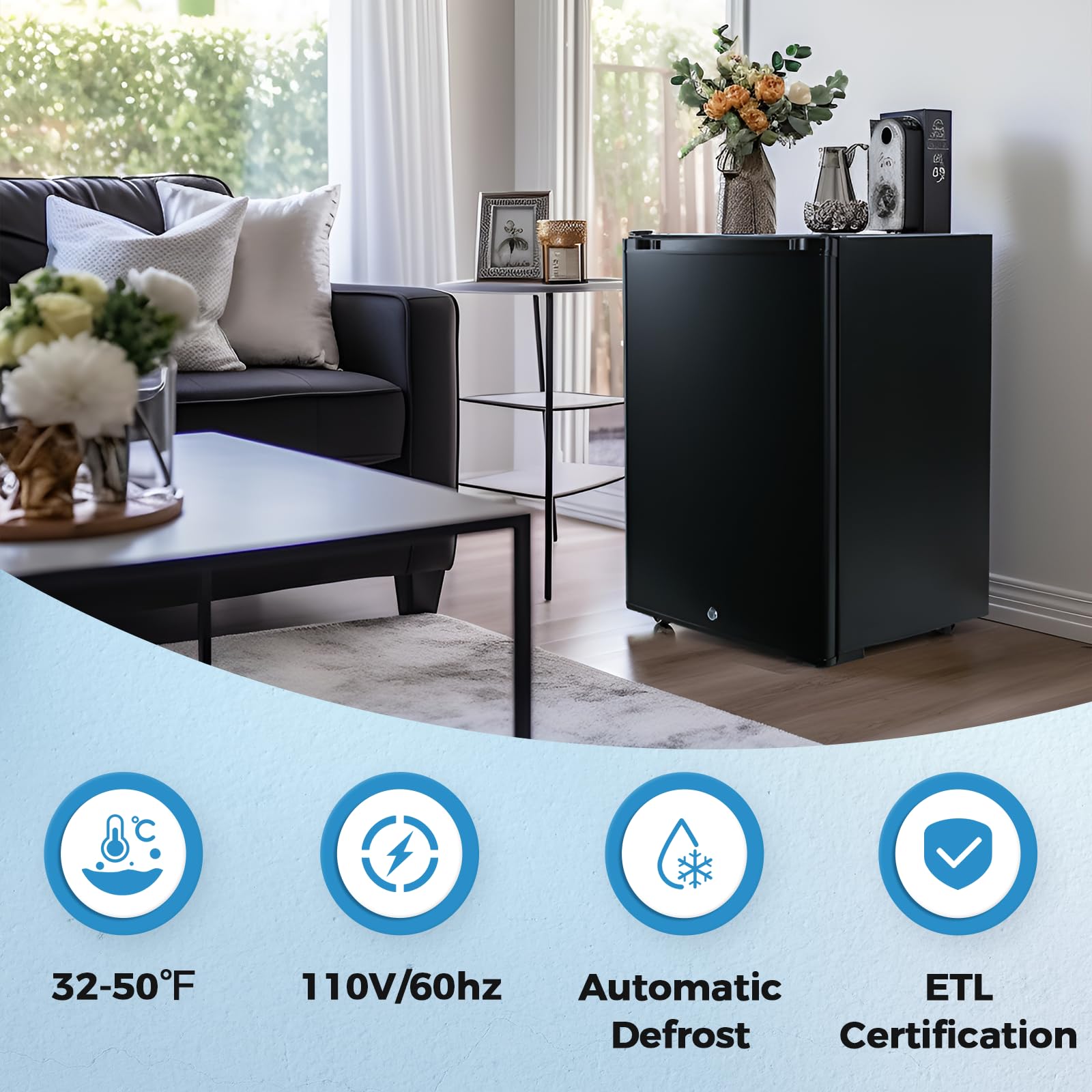 HIPOPLLER Compact Refrigerator, 1.07 cu.ft 110V Quiet Mini Fridge, Reversible Door with Lock, Energy Efficient Beverage Cooler for Bedroom Dorm RV Hotel Office, Black