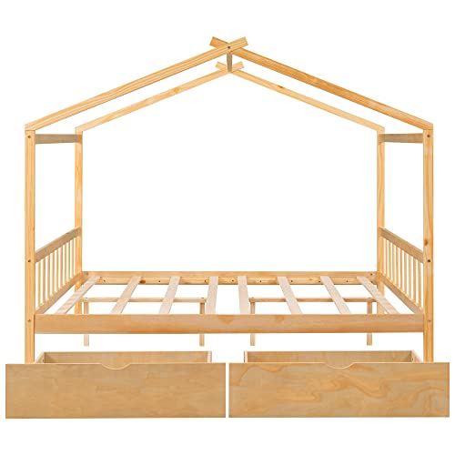 RUNWON Full Size House Platform Bed with Two Drawers,Headboard and Footboard,Roof Design for Kids Adults Bedroom