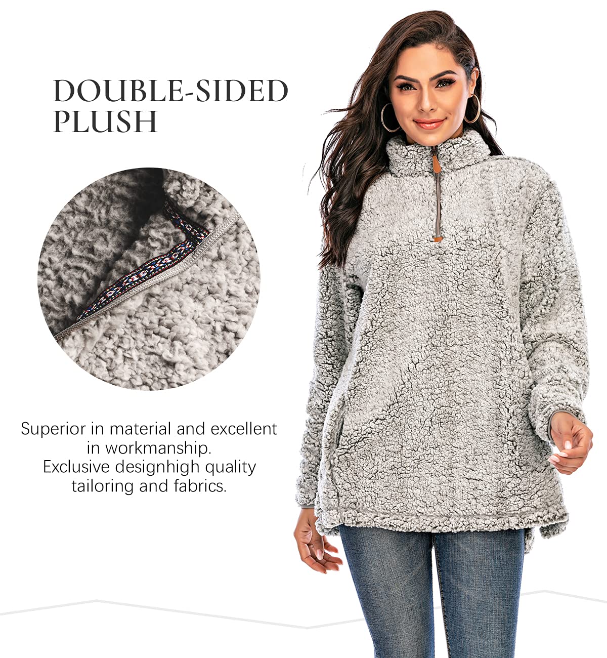 Les umes Women's Zipper Sherpa Pullover Fuzzy Fleece Sweatshirts Jacket Winter Oversized Outwear Coat Gray M