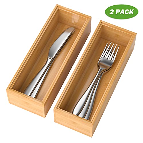 Lixple Bamboo Drawer Organizer - Set of 2, Stackable Storage Box, Silverware Tray for Drawer, Small Gadgets Holder 9β x 3β x 2β