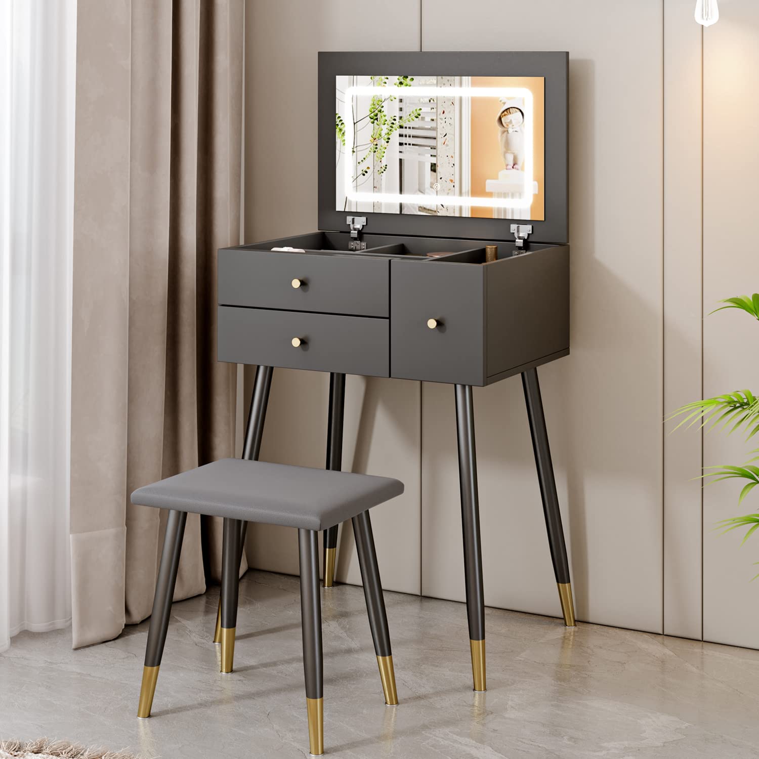 Ieejdn Black Vanity Set with 3 Color Touch Screen Dimming Mirror Flip Top and Cushioned Stool, Makeup Dressing Table Writing Desk 2 Drawers & Removable Organizers, Bedroom for Women, 15.7D*23.6W*54H