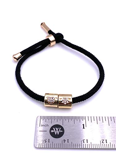 LESLIE BOULES Black Cord Bracelet for Women Gold Plated Heart and Star Cylindrical Charm