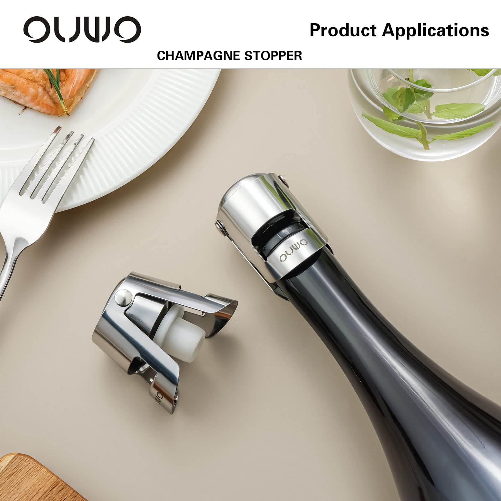 OUWO Champagne Stopper 6 Pack Stainless Steel Champagne Save with Food Grade Silicone,Leak-Proof Bubble Retaining Saver,Suitable for Champagne Prosecco Cava and Sparkling (Silver)