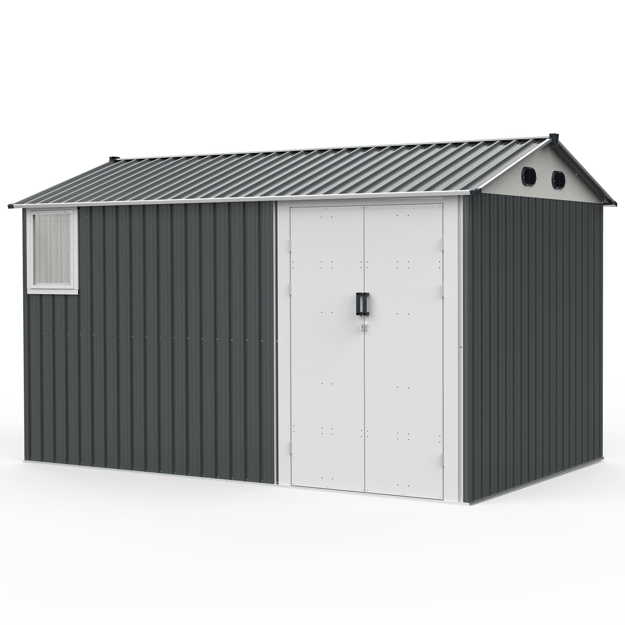 SumVille 8x12 Ft Metal Outdoor Storage Shed with Window, Floor Base, Air Vents and Double Hinged Door