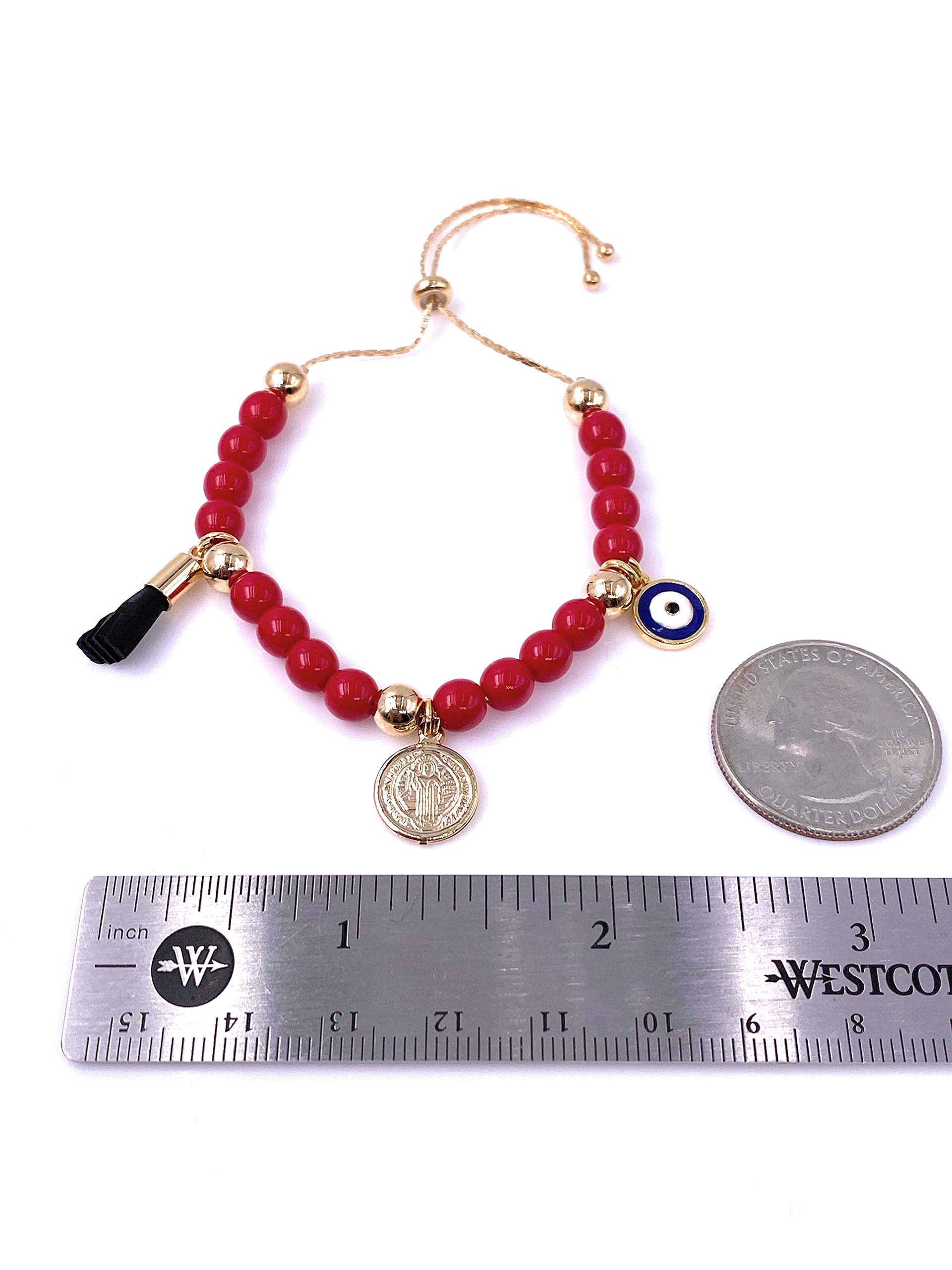 LESLIE BOULES Saint Benedict Red Glass Beads Bracelet Genuine Azabache and Blue Evil Eye Handmade Jewelry