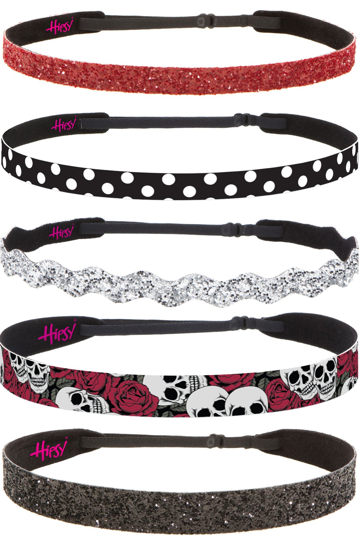 Hipsy Adjustable No Slip Bling Glitter & Fashion Printed Headbands Mixed 5-pack for Women Girls & Teens (Light Pink Multi 5pk)