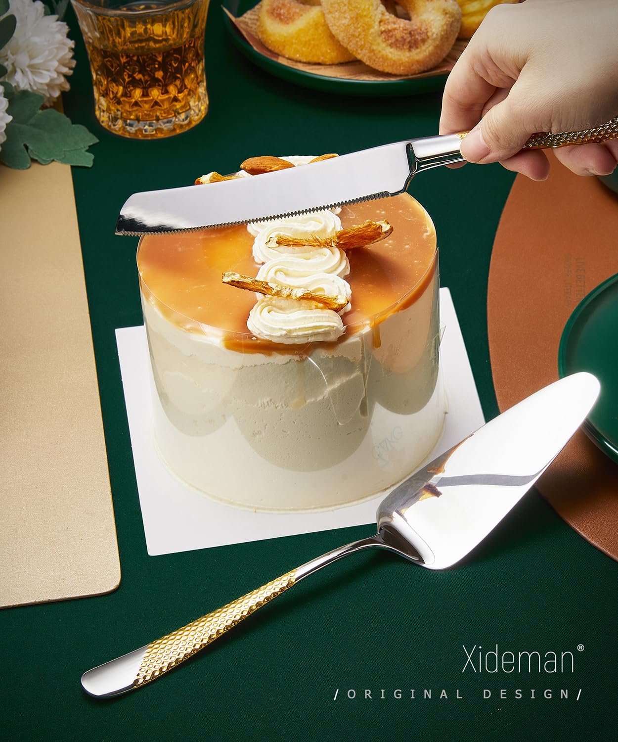 Xideman® 7-Piece Hammered 18/10 Stainless Steel Silverware Serving Utensil Set - Hostess Flatware with Cake Knife & Cake Server (Silver Gold)