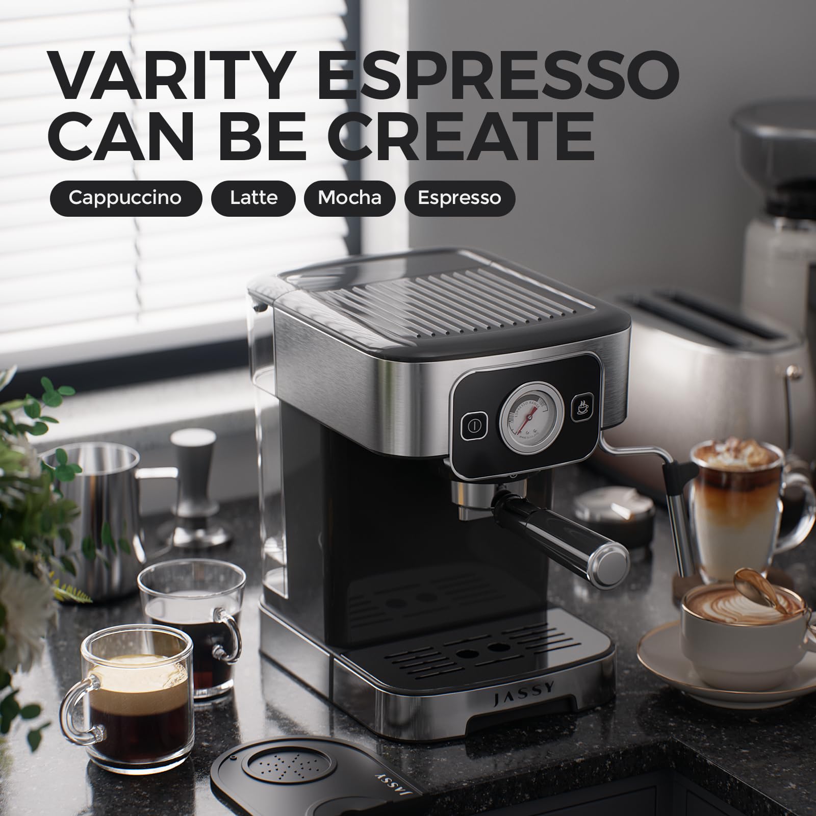 JASSY Espresso Machine 20 Bar Cappuccino Machines with Temperature Dial for Barista Brewing,Adjustable Milk Frothing for Espresso/Cappuccino/Latte,1200W