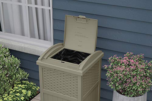 Suncast Small Deck Box-Lightweight Resin Indoor/Outdoor Storage Container and Seat Cushions and Gardening Tools Store Items on Patio & 33 Gallon Hideaway Trash Can for Patio - Resin Outdoor