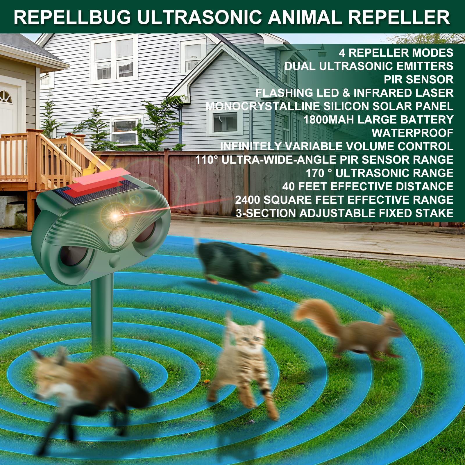Ultrasonic Solar Animal Repeller, 2024 Upgrade Waterproof Outdoor Solar Powered Groundhog Repeller Gopher Deterrent Chaser Spike to Repell Burrowing Vole Repellent,Rodents for Lawn, Yard