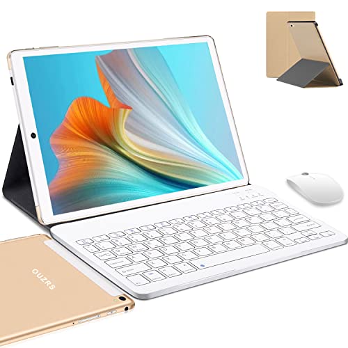 OUZRS 4G LTE Tablet 10 Inch Android 10, 4GB RAM 64GB/128GB ROM Quad Core 1920 * 1200 FHD Tablet PC Dual SIM 8000mAh Caméra 5+8MP Tablet Android with WiFi Bluetooth GPS Type-C Keyboard Mouse