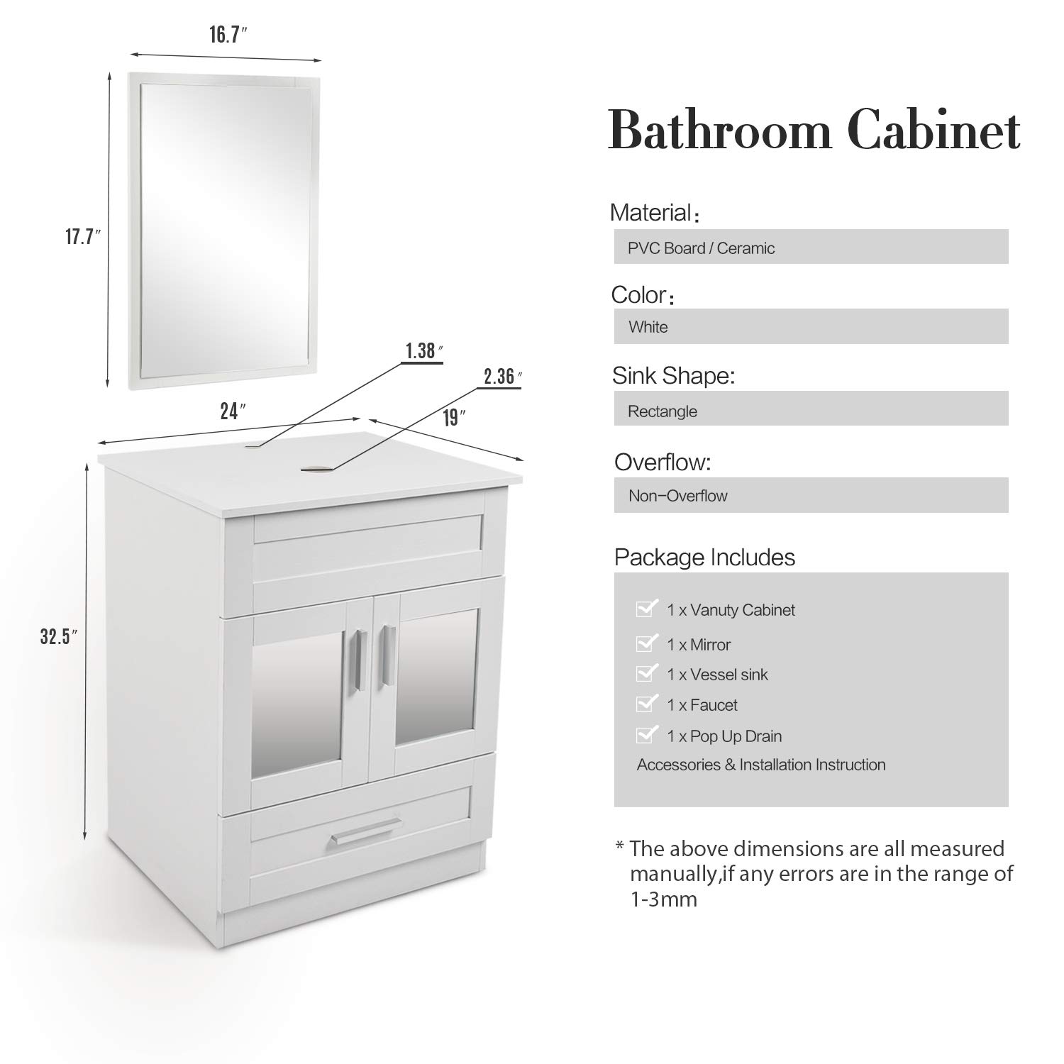 Puluomis Modern Vessel and Boat Sink Tops Combol 24 Inch Bathroom Cabinet with 1.5 GPM Water Save Faucet & Solid Brass Pop Up Drain and Mirror