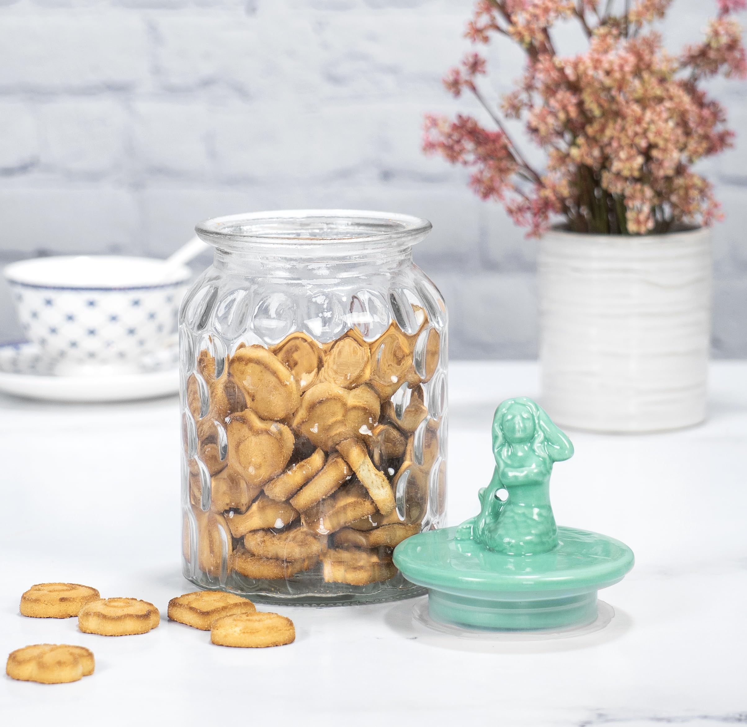 Red Co. 32.75 Oz Dimpled Glass Food Storage Jar with Mermaid Ceramic Airtight Lid, Clear/Teal Blue