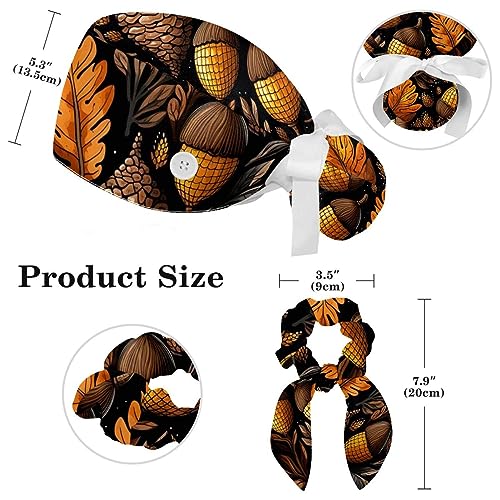 Thanksgiving Acorn Working Cap with Button Sweatband Adjustable Tie Back Bouffant Hats with Scrunchie