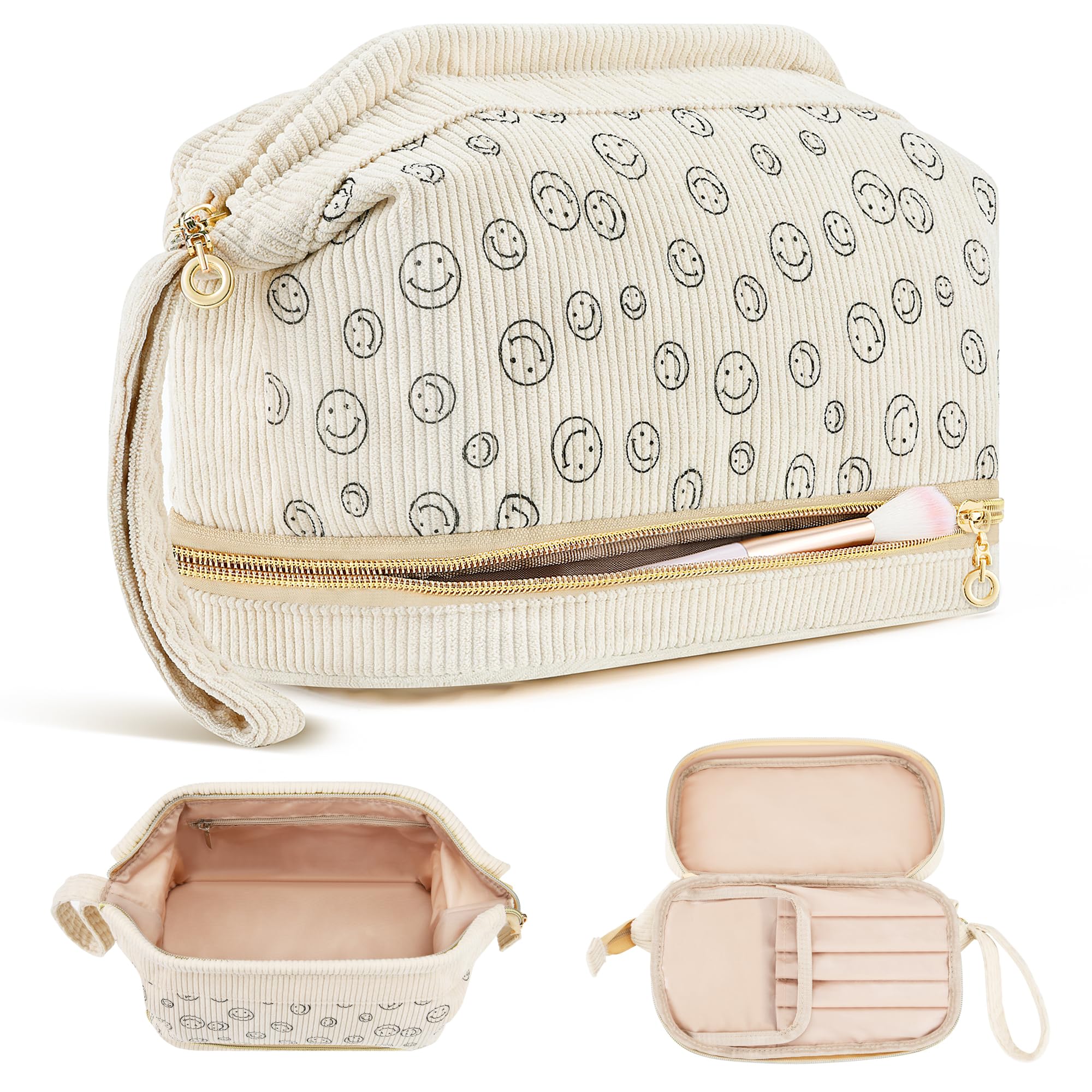 Travel Make up Bag Double Layer Cosmetic Bag Gift for Women Preppy Stuff Bag for Her Mom Girlfriend Wife Teacher 12 13 14 15 16 Years Old Teen Girl Gifts Trendy Smile (Beige)