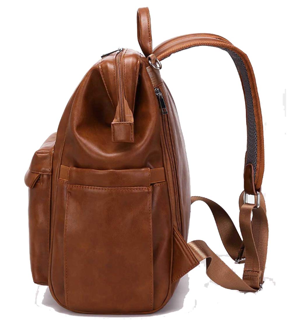 LCY PU Leather Large Backpack Baby Diaper Bag Set-Brown