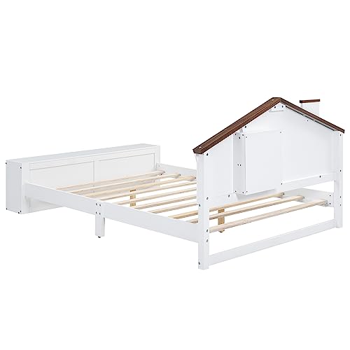 Tensun Full Size House Platform Bed with Storage, Wood Bed Frame with Headboard & Footboard LED Lights, for Kids Teens Adults,No Box Spring Needed, White