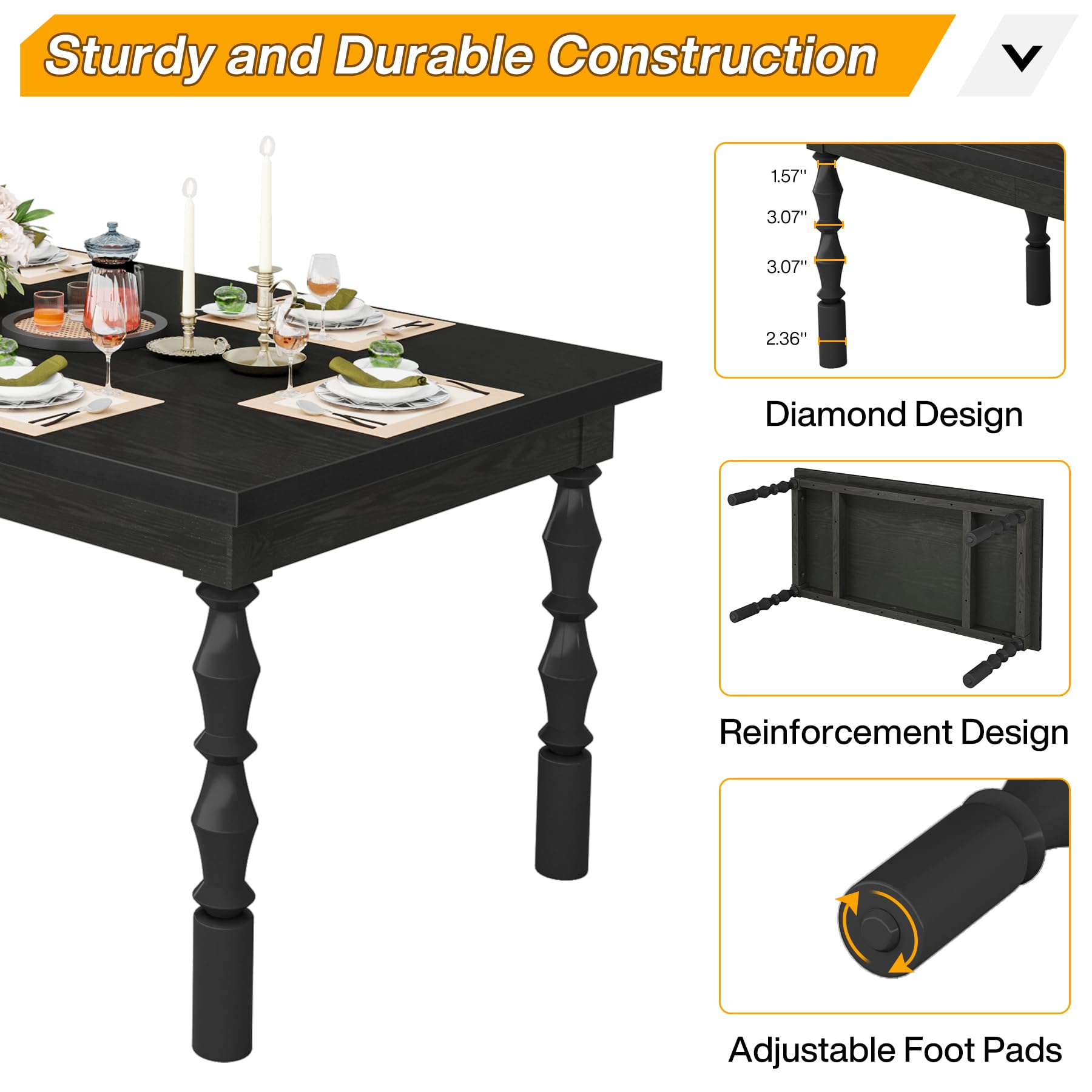 Tribesigns Wood Black Dining Table for 4-6 People, 62β Farmhouse Large Rectangle Kitchen Table, Modern Dinner Table Kitchen & Dining Room Furniture with Carved Turned Legs