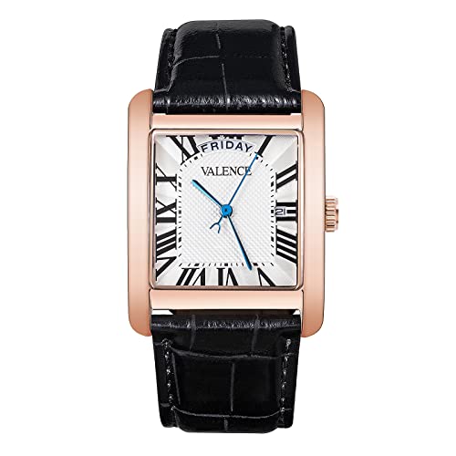 Valence Women's Wrist Watches. Vintage Large Face Square Watches for Women. Classic Ladies Quartz Watches with Black Leather Band. Womens Waterproof Watch with Day and Date(Model: 088-Black)