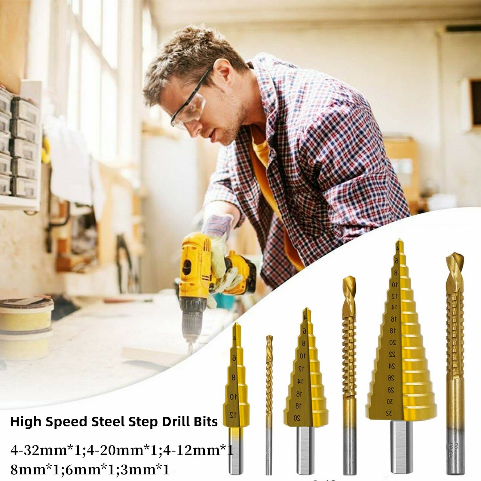 OPPSIUE Step Drill Bit Set, 6PCS HSS High Speed Steel for Stainless Steel, Metal, Wood, PlasticDrilling 4-32MM / 4-20 MM / 4-12MM / 6MM / 8MM / 3MM