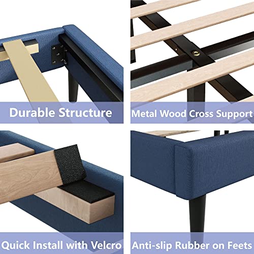 Twin Size Upholstered Platform Bed Frame with Button Tufted Stitched Headboard, Fabric Mattress Foundation with Metal Wood Slat Support, No Box Spring Needed, Noise Free Design, Easy Assembly, Blue