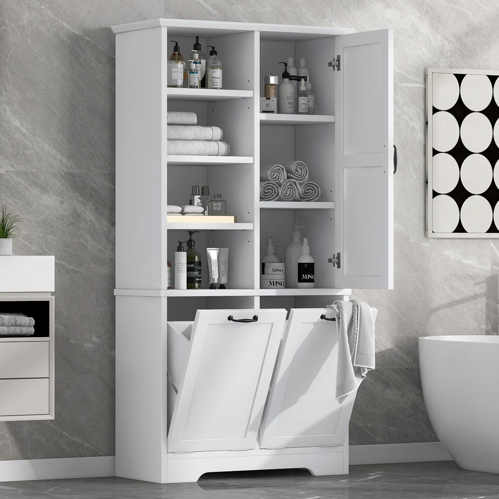 Virubi 68 in Tall Bathroom Laundry Cabinet with 2 Tilt Out Laundry Hamper, Wood Bathroom Storage Cabinet with Doors and Adjustable Shelves, Laundry Room Cabinets Freestanding Bathroom Storage (White)