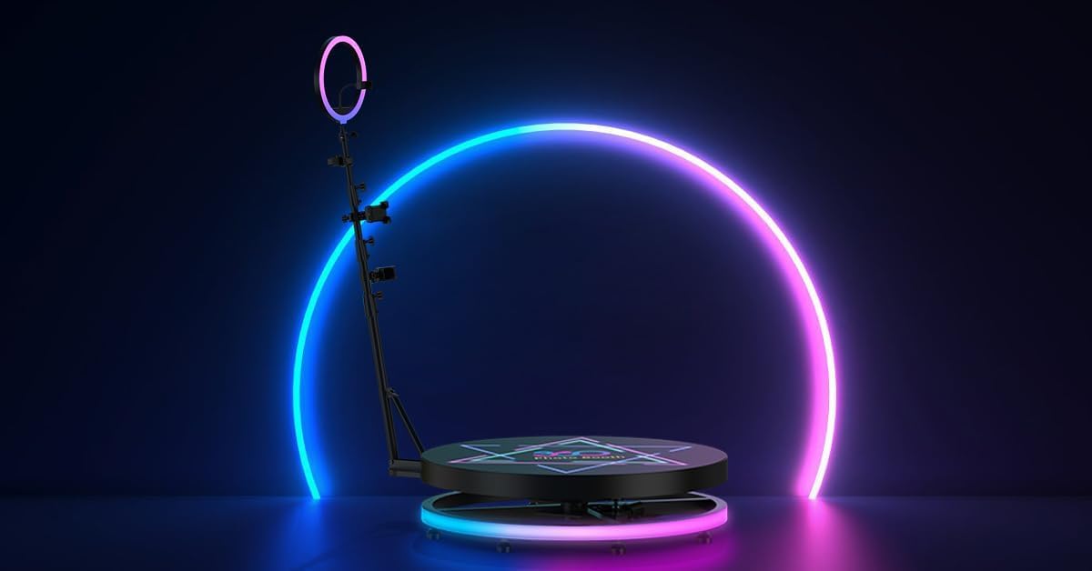 MBOBAO [Newest] 360 Photo Booth Machine with RGB Ring Light,Free Custom Logo, Video Camera Selfie Platform for Live Streaming Wedding Birthday Events Exhibitions (26.8in 1-3 people+Flight Case)