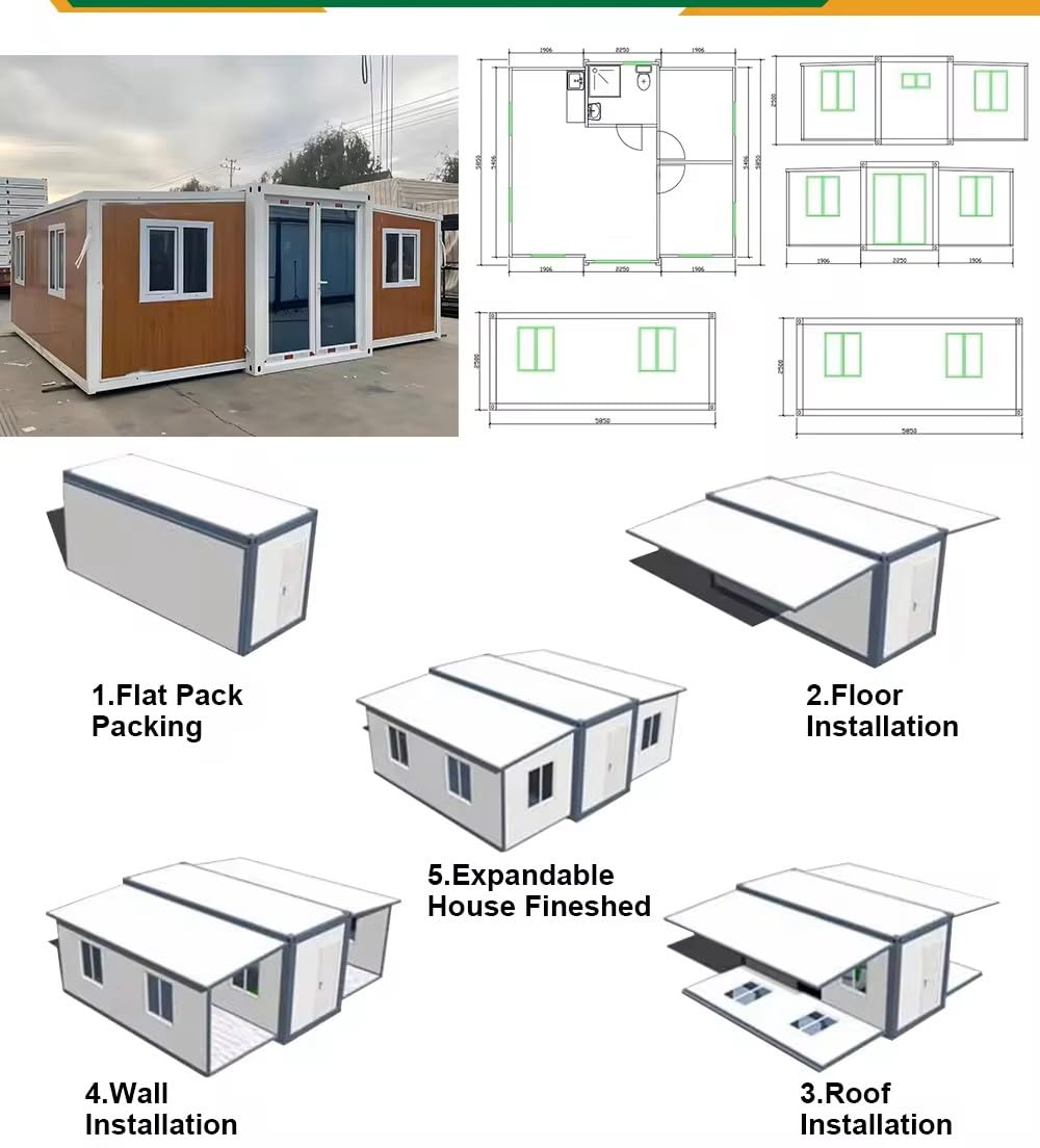 Weather Proof, Wind Resistant, Anti corrision Tiny Expandable Prefab House to Live in 1 Bathroom, 3 Bedooms & 1 Kitchen- for Small Family 20 FT 3 in 1 Tiny Backyard House