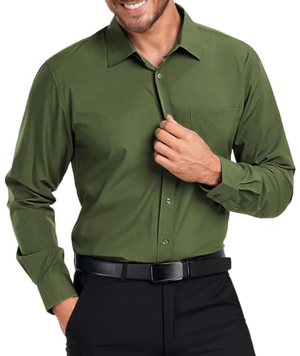 Men's Casual Button-Down Shirt Long Sleeve Regular Fit Dress Clothes Collared Plain Green XL Camisa De Hombre De Vestir