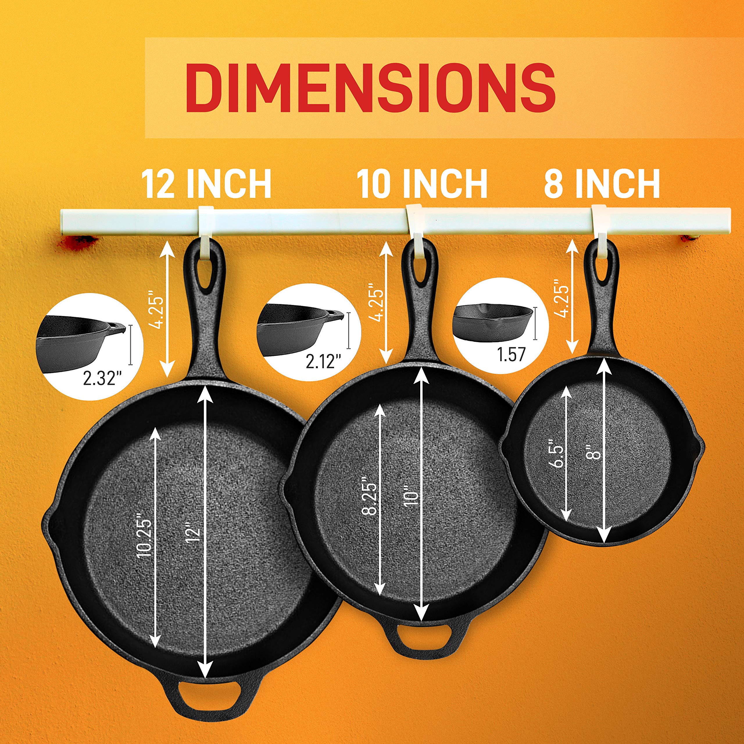 Nutrichef 3 Pieces Kitchen Frying Pre-Seasoned Cast Iron Skillet Pans Nonstick Cookware Set w/Drip Spout, Silicone Handle, For Electric Stovetop, Glass Ceramic