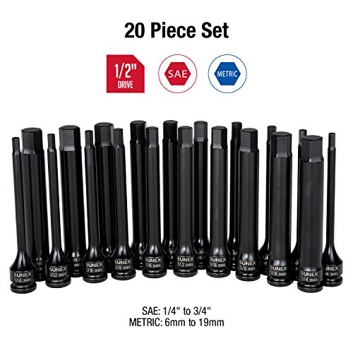 Sunex 2637L, ½" Drive, 6" Long Master Impact Hex Driver Set, 20Piece, SAE/Metric, 1/4" - 3/4", 6mm - 19mm, Cr-Mo Steel, Heavy Duty Storage Case, Meets ANSI Standards