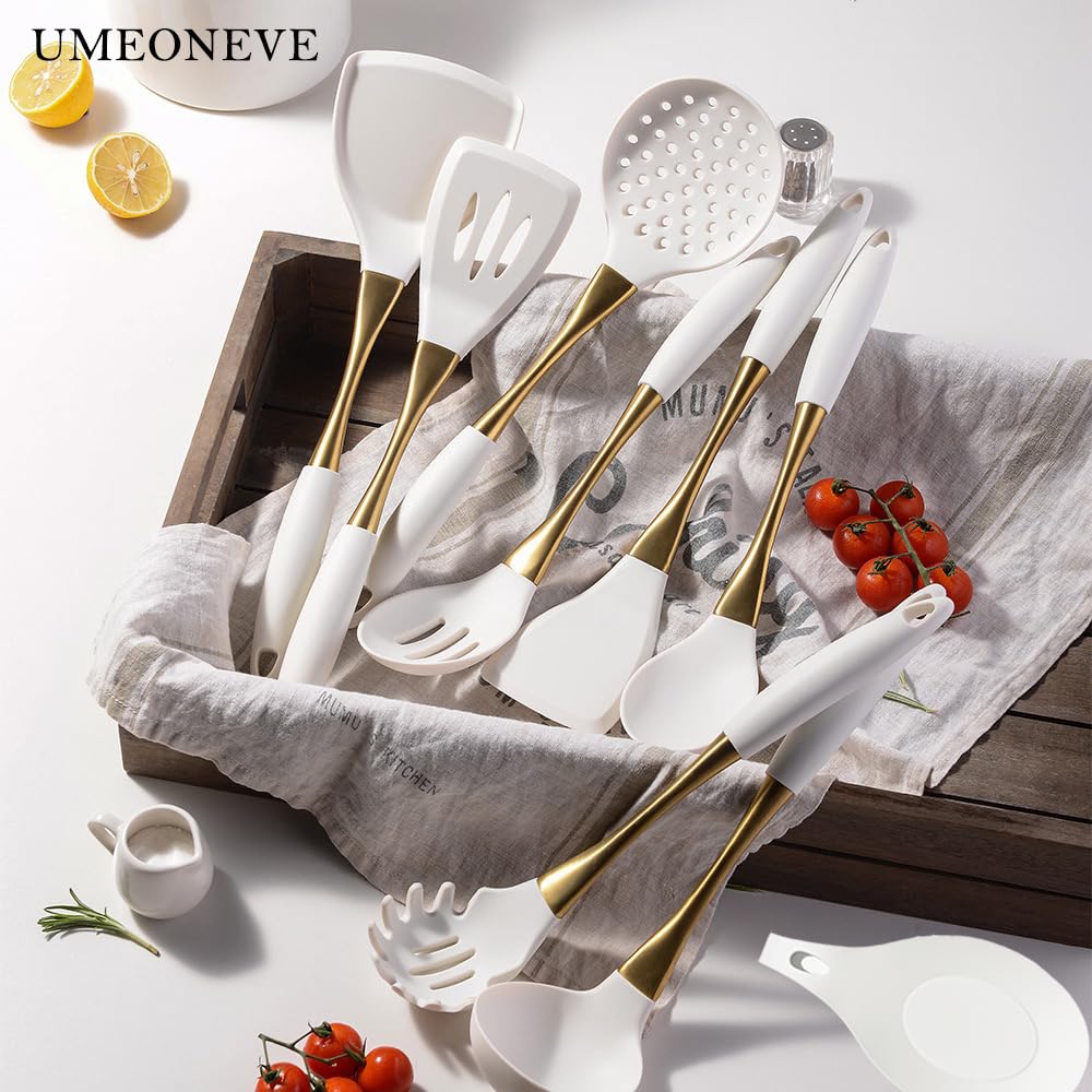 UMEONEVE White And Gold Silicone Cookware Set, 9-Piece, Universal Kitchen Utensils,gold with white kitchen utensils,Silicone Spatula Cooking Spoons for Nonstick Cookware Golden Stainless steel Handle
