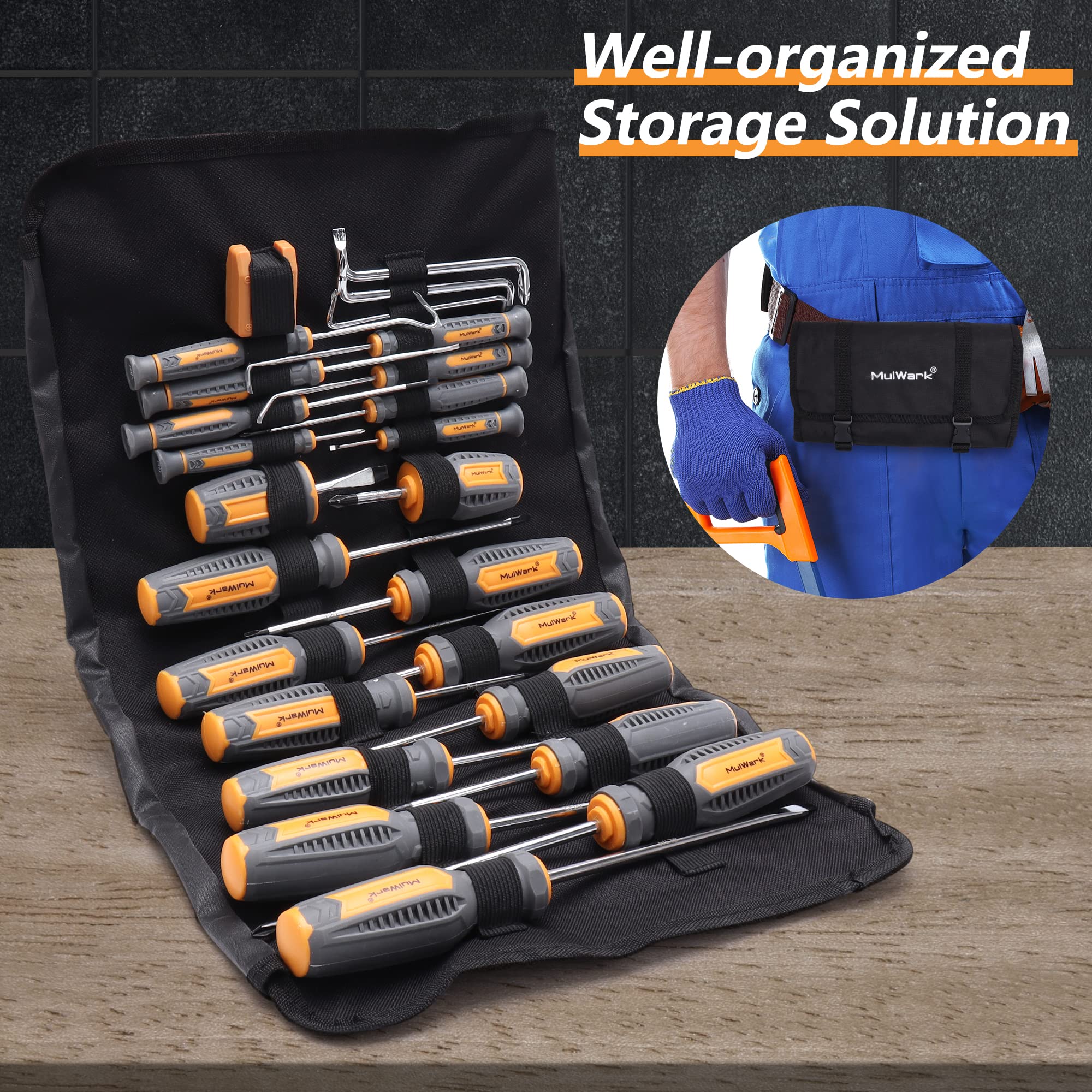 MulWark Strong Magnetic Tip Screwdriver Set, Precision & Stubby & Angled Offset Screw Driver, Pick & Hook Kit| Roll Bag| Torx Star Phillips Flat Square Head Driversets