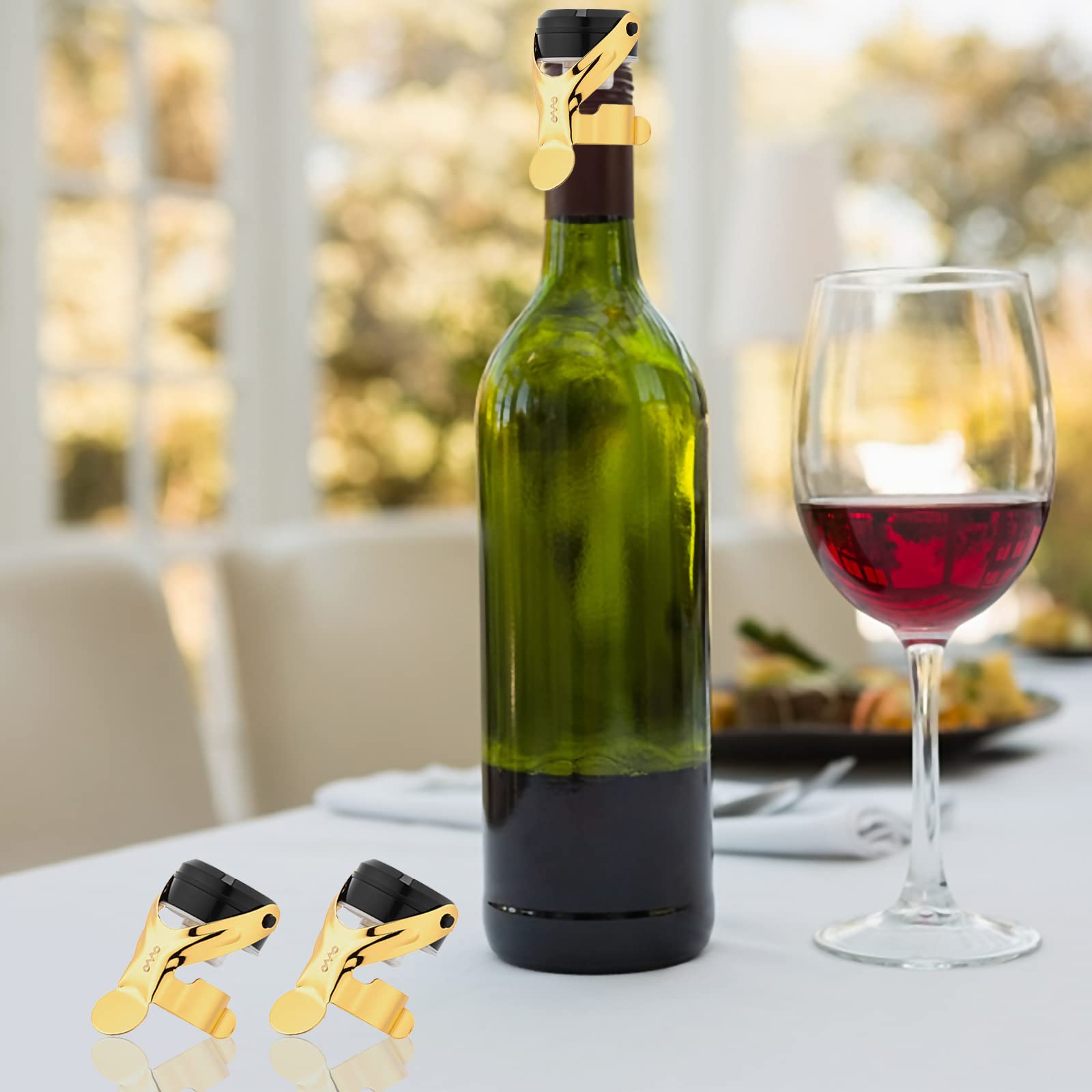 OWO Wine stoppers Stainless Steel Wine Saver Plug with Silicone Wine Saver for all Standard Bottle Necks Leak proof Keep Fresh (Gold, 2 Pack)