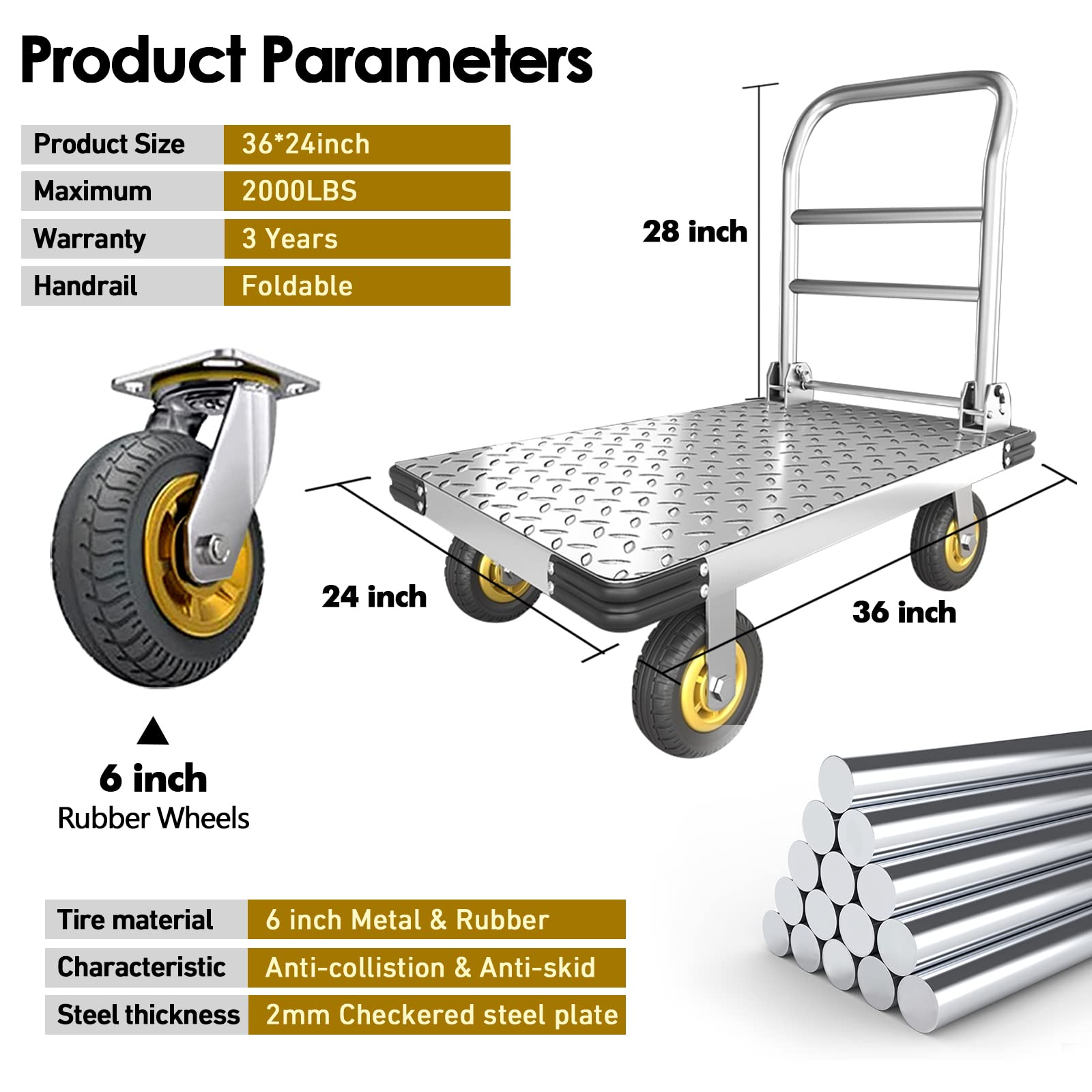 Platform Truck Heavy Duty Push Cart Dolly with 2000 LBS Capacity, Foldable Moving Flatbed Cart with 6'' Swivel Wheels, Large Steel Platform Dolly Cart for Groceries, Garage, Warehouse (36"X 24")