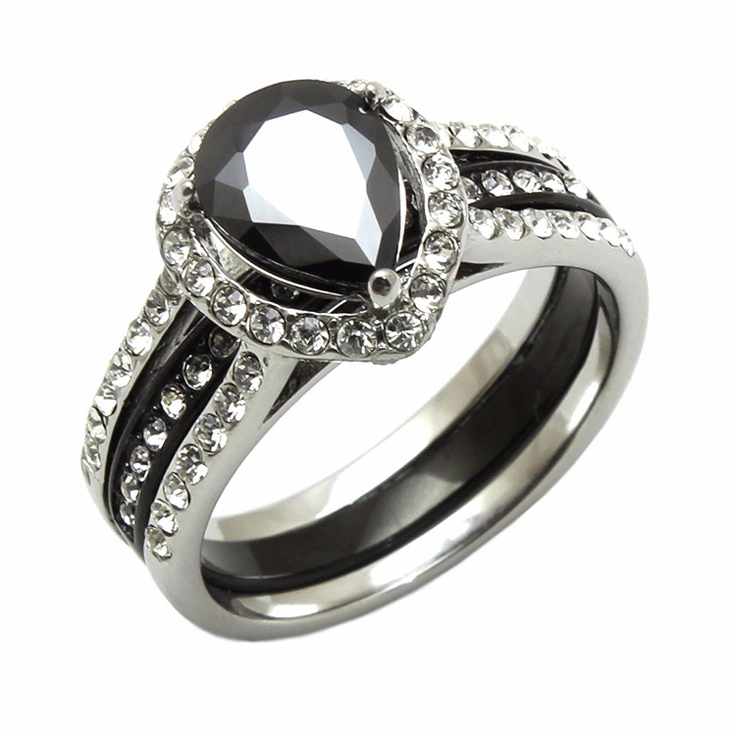 His Hers Couples Ring Set Womens Black Pear CZ Promise Ring Mens 7 CZs Wedding Band - Size W6M10