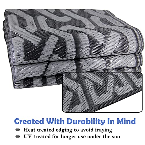 SAND MINE Reversible Mats, Plastic Straw Rug, Modern Area Rug, Large Floor Mat and Rug for Outdoors, RV, Patio, Backyard, Deck, Picnic, Beach, Trailer, Camping (5' x 8', Black & Grey)