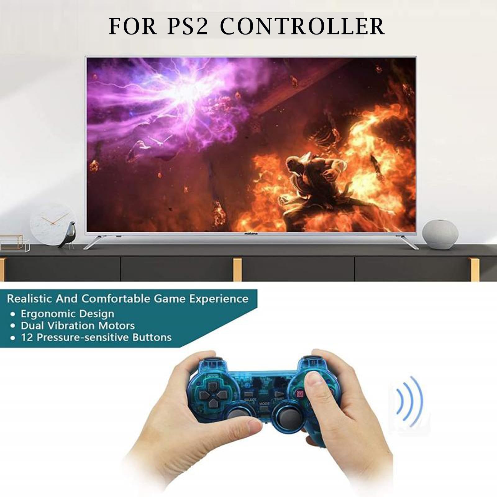 JINHOABF Wireless Controller for PS2,Built-in Dual Vibration 2.4G Gamepad Joystick Compatible for PS2 Controller,with Wireless Receivers (2PACK, Clear Green and Clear Purple)