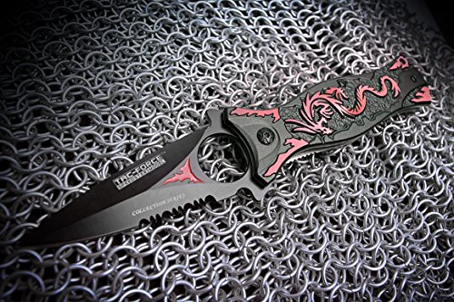 Tac-Force- Spring Assisted Folding Pocket Knife – Black Partially Serrated Blade, Black Aluminum Handle w/ Red Dragon Design, Glass Punch and Pocket Clip, Tactical, EDC, Rescue - TF-707RD