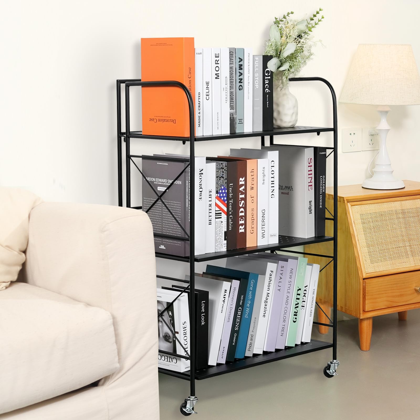 villertech Folding Shelf 5 Tier,Folding Bookshelf,Foldable Shelf,Metal Folding Storage Shelves with Wheels,Folding Shelf Unit for Living Room,Kitchen,Study, 12.6" D x 23.6" W x 57.0" H, Matte Black